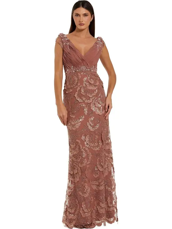 Mac Duggal Floral Beaded Chiffon V-neck Evening Gown - Pink