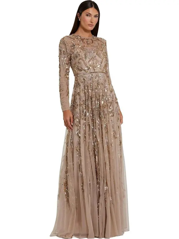 Mac Duggal Hand-embellished Long Sleeve Gown - Mocha Gold
