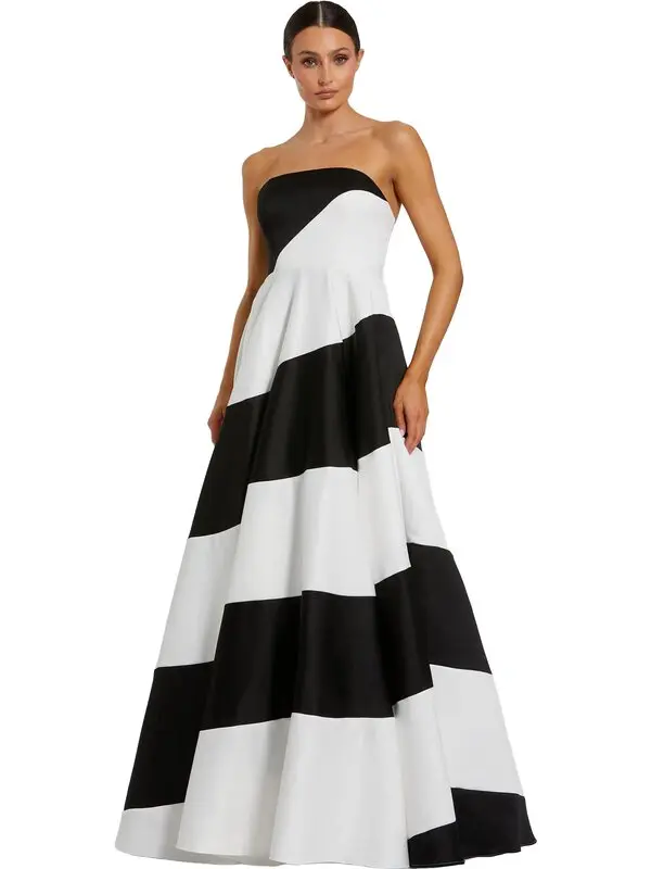 Mac Duggal Satin Strapless Striped Ball Gown - Black Ivory