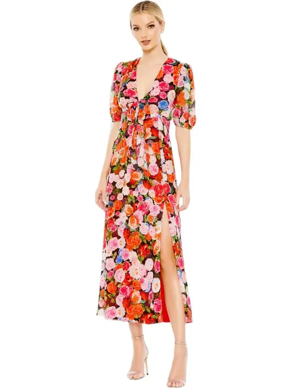 Mac Duggal Floral Print Front Tie Midi Dress - Rose Multi