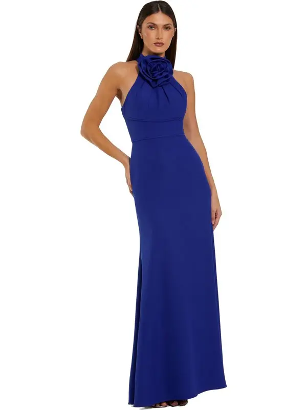 Mac Duggal Halter Neck Sleeveless Gown With Rosette Detail - Blue