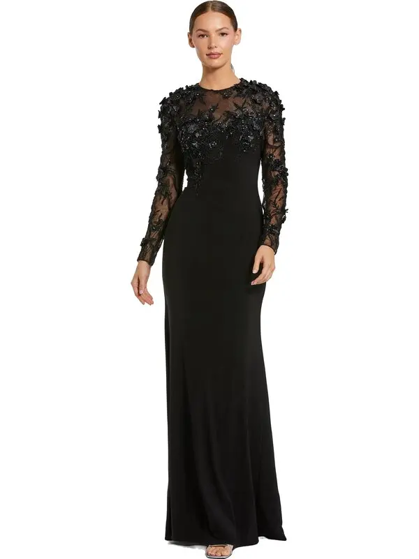 Mac Duggal Long Sleeve Floral Embellished Column Gown - Black