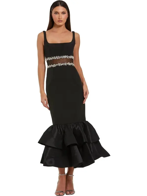 Mac Duggal Crepe Ruffle Hem Midi Dress With Jewel Detail - Black