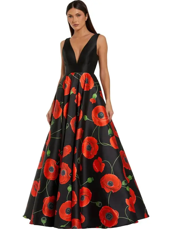 Mac Duggal Plunge Neck Ball Gown With Floral Mikado Skirt - Poppy Multi