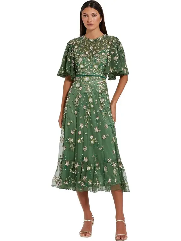 Mac Duggal Floral Beaded Flutter Sleeve Midi Dress - Green