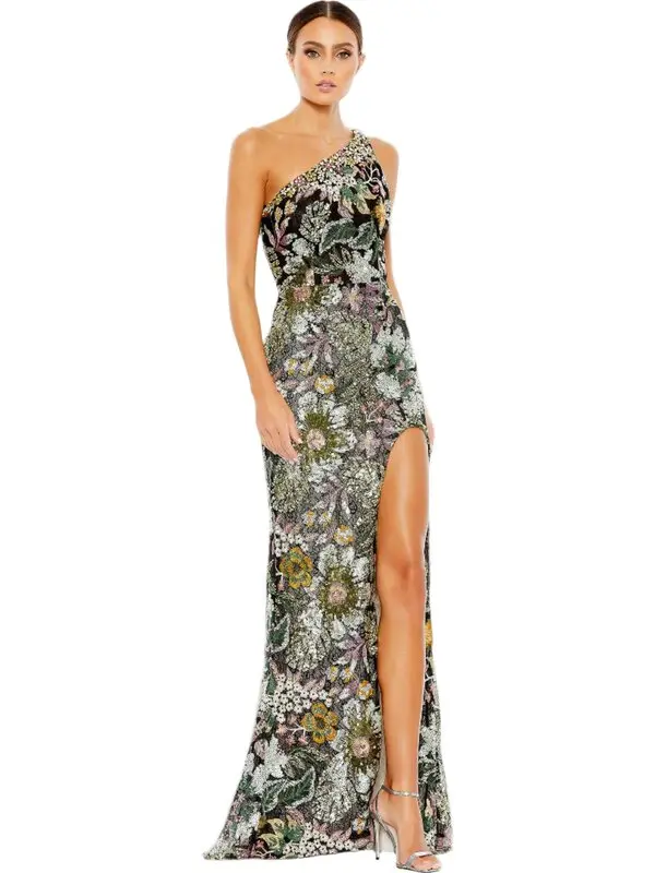Mac Duggal Floral Sequined Embroidered One Shoulder Trumpet Gown - Black Multi
