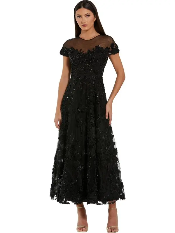 Mac Duggal Embellished Lace Illusion Neck A-line Midi Dress - Black