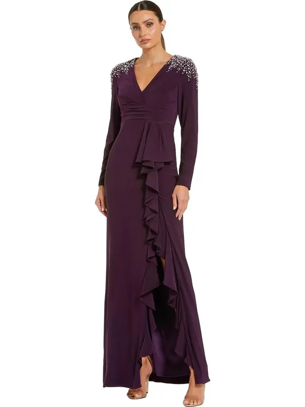 Mac Duggal Long Sleeve Gown With Rhinestone Shoulders - Amethyst