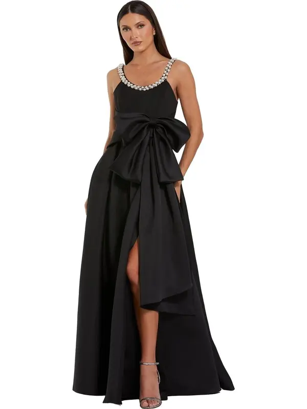 Mac Duggal Satin Gown With Pearl Neckline And Bow Detail - Black