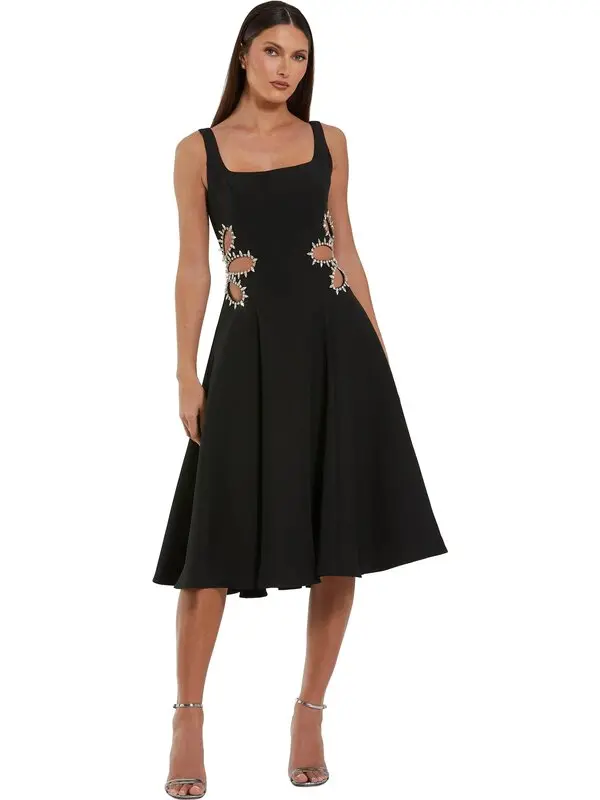 Mac Duggal Sleeveless Crepe Rhinestone Cutout Midi Dress - Black