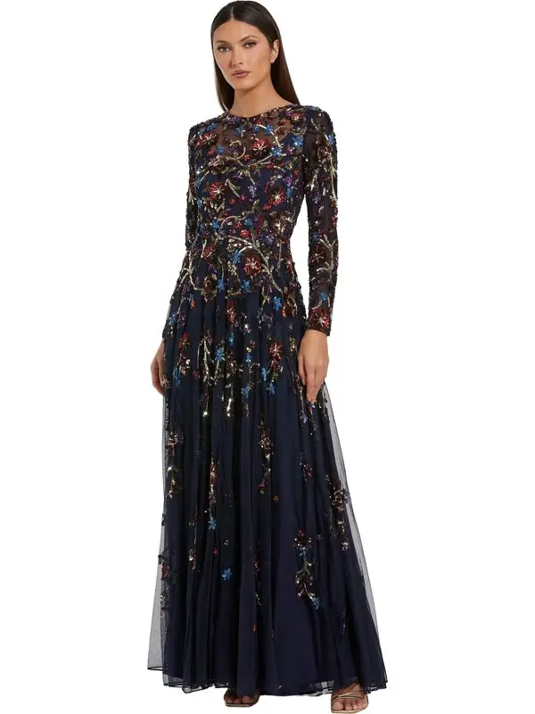 Mac Duggal Beaded Long Sleeve A-line Gown - Midnight Multi