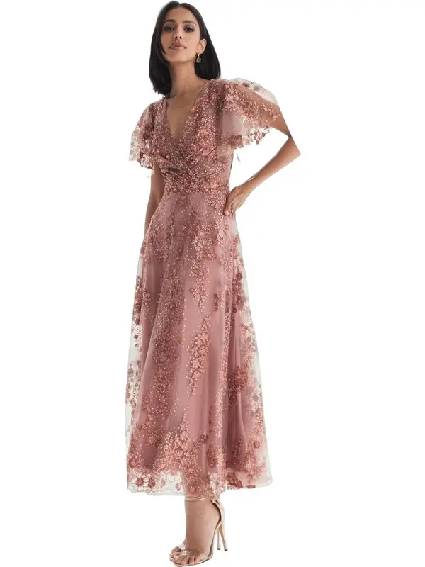 Mac Duggal Embroidered A-line Dress With Flutter Sleeves - Mauve
