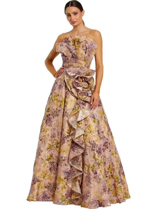 Mac Duggal Floral Metallic Burnout Velvet Ball Gown With 3d Rosette - Blush Multi
