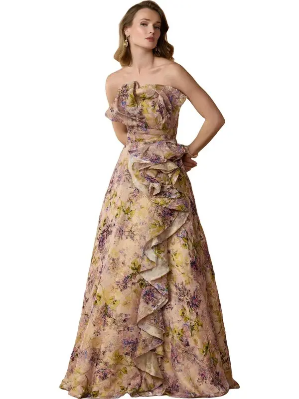MAC DUGGAL COLLECTION Floral Ball Gown With Ruffle Detail - Blush Multi