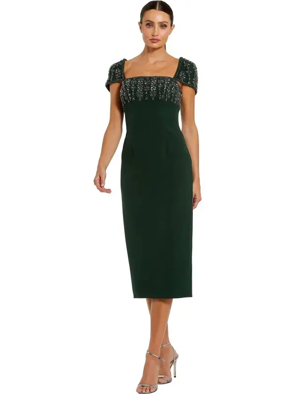 Mac Duggal Embellished Cap Sleeve Crepe Midi Dress - Dark Emerald