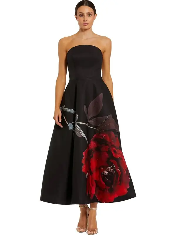 Mac Duggal Printed Strapless Midi Dress - Black Rose