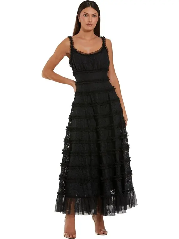 Mac Duggal Sleeveless Lace A-line Midi Dress With Ruffles - Black