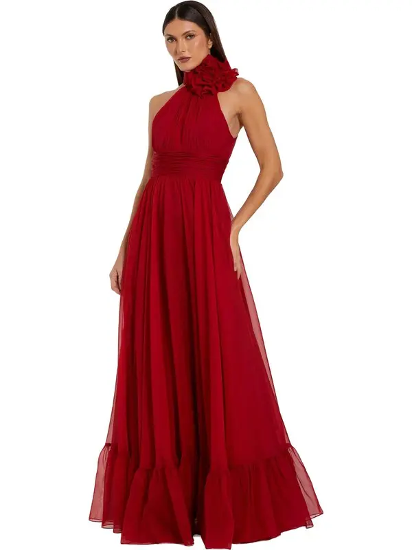 Mac Duggal Halter Neck Chiffon Gown With 3d Flower - Deep Red