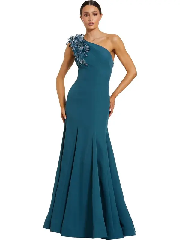 Mac Duggal One-shoulder Mermaid Gown With Floral Appliqu - Ocean Blue