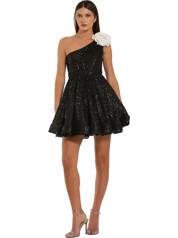 Mac Duggal One-shoulder Sequin Mini Dress With Floral Applique - Black Ivory