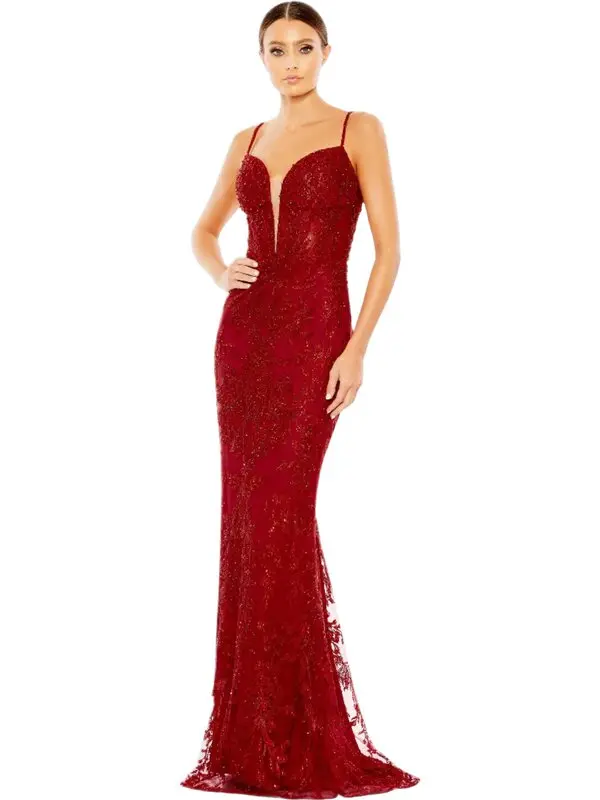 Mac Duggal Embroidered Mesh Gown - Red