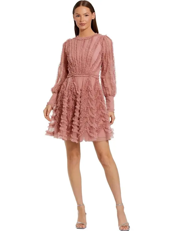 Mac Duggal Lace Up Back Long Sleeve Mini Dress - Rose