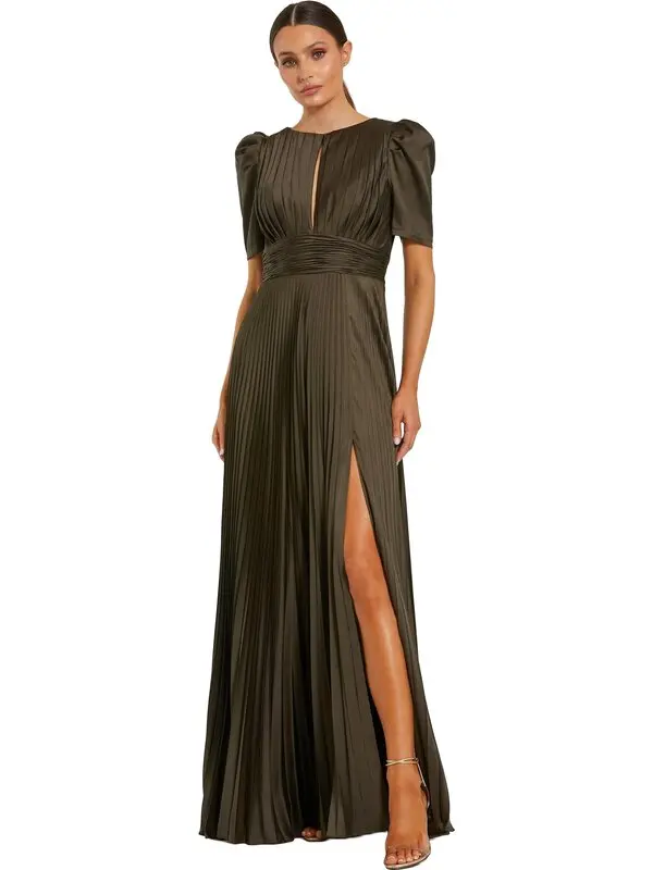 Mac Duggal Pleated Charmeuse Evening Gown With Puff Sleeves And Slit - Green