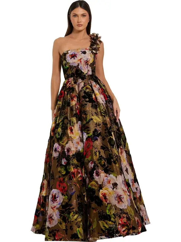 Mac Duggal Floral Velvet One-shoulder Ball Gown - Black Multi