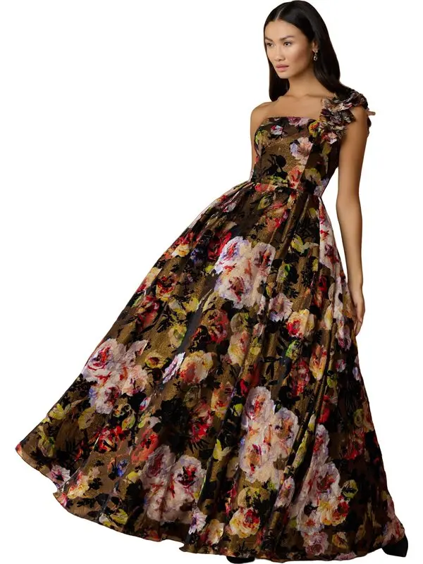 Mac Duggal Floral Velvet One-shoulder Ball Gown - Black Multi