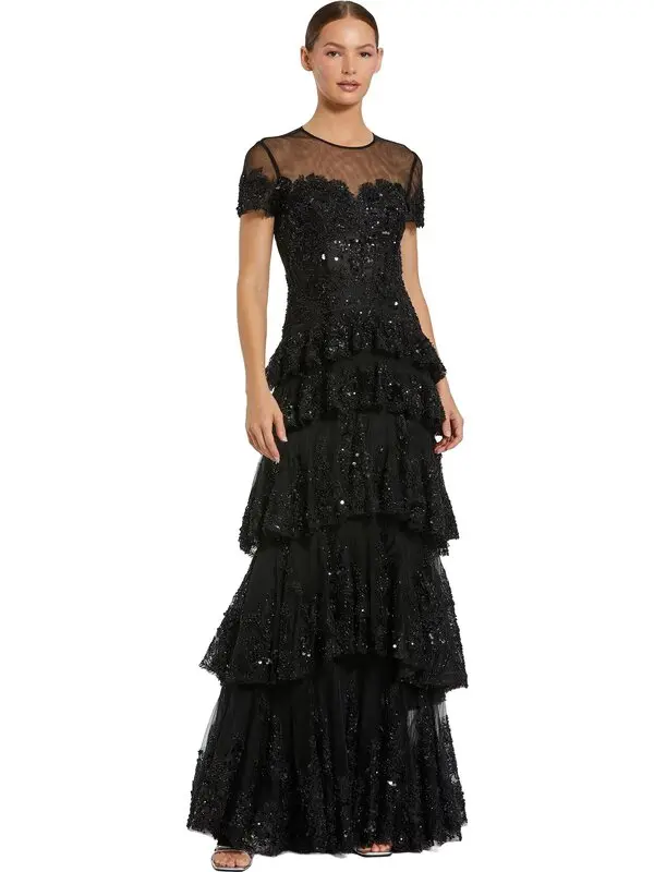 Mac Duggal Embellished Tiered Evening Gown - Black