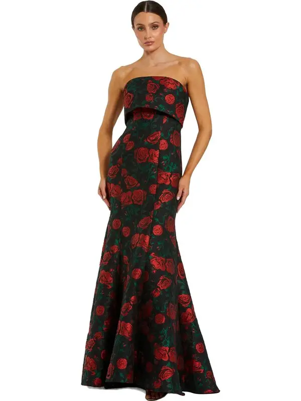Mac Duggal Floral Brocade Strapless Mermaid Gown - Black Multi