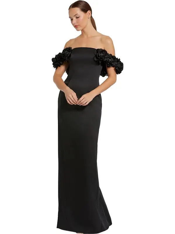 Mac Duggal Satin Off-the-shoulder Mermaid Gown With 3d Floral Appliqués - Black