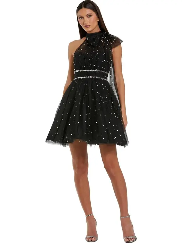 Mac Duggal Pearl-embellished A-line Mini Dress With Bow - Black Ivory