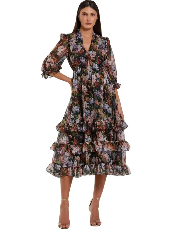Mac Duggal Floral Chiffon Ruffle Midi Dress - Black Multi