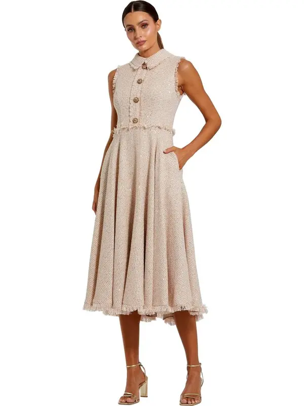 Mac Duggal Boucle Sleeveless Collared Button Up Midi Dress - Blush