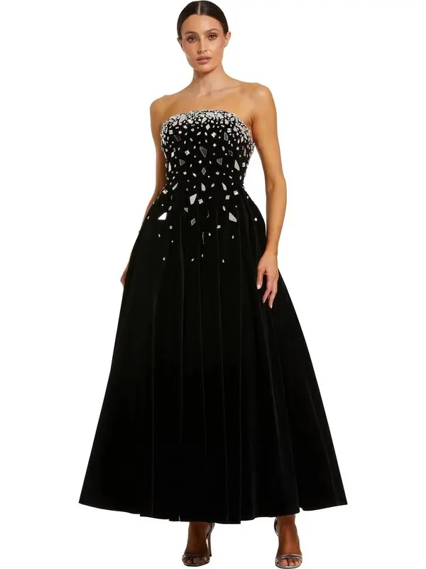 Mac Duggal Velvet Embellished Strapless Midi Dress - Black