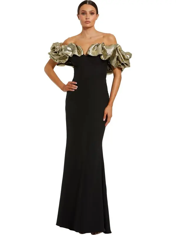Mac Duggal Mermaid Gown With Ruffle Detail - Black Gold