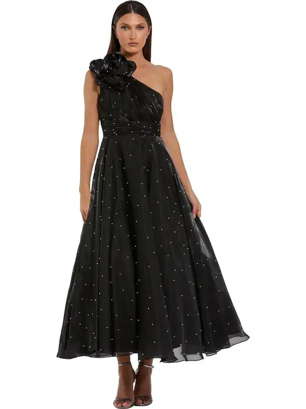 Mac Duggal Pearl-embellished Organza Midi Dress - Black Ivory