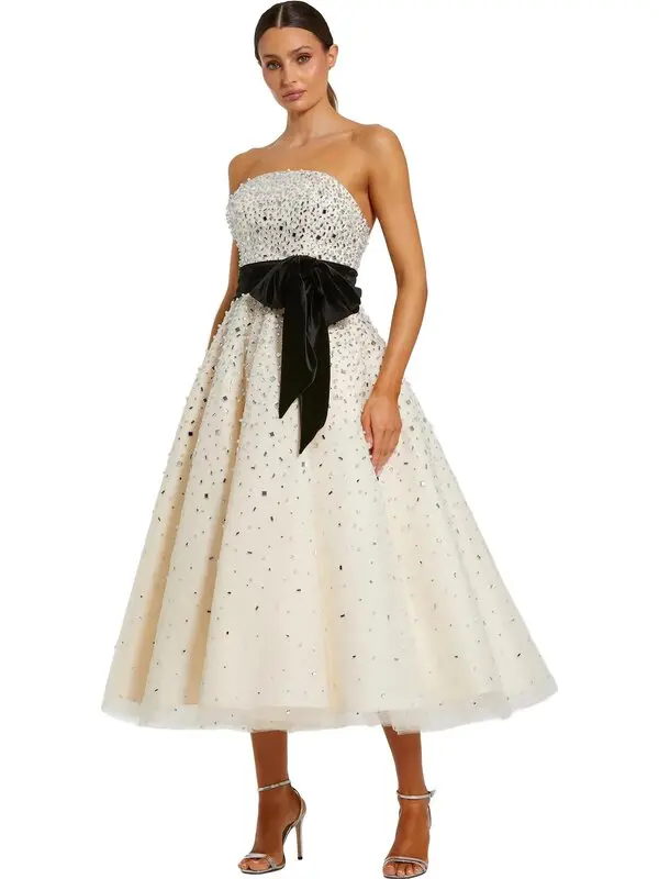 Mac Duggal Embellished Strapless Midi Dress With Velvet Bow - Black Cream