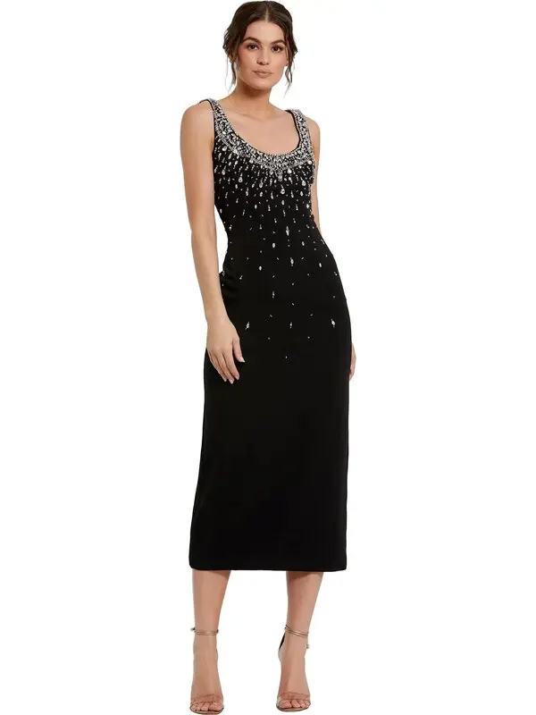 Mac Duggal Beaded Crepe Sleeveless Midi Dress - Black