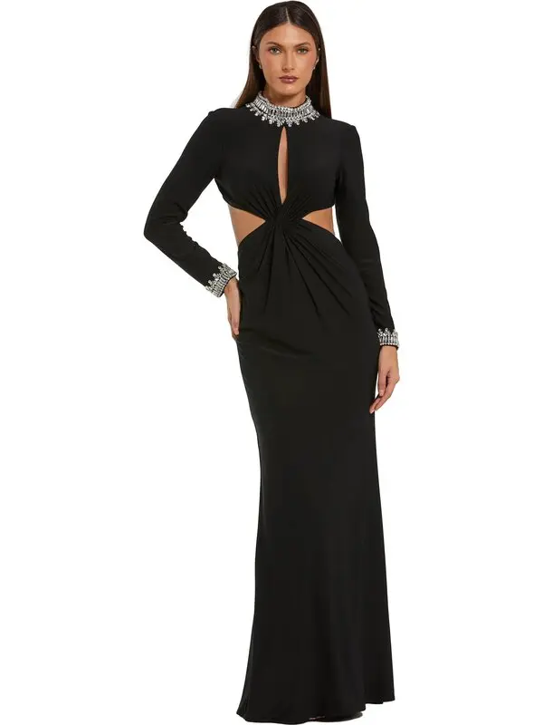 Mac Duggal Embellished Long Sleeve Cut Out Evening Gown - Black
