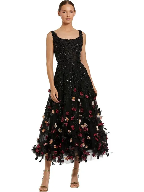 Mac Duggal Hand-embellished Tulle Midi Dress With Floral Appliqués - Black Multi