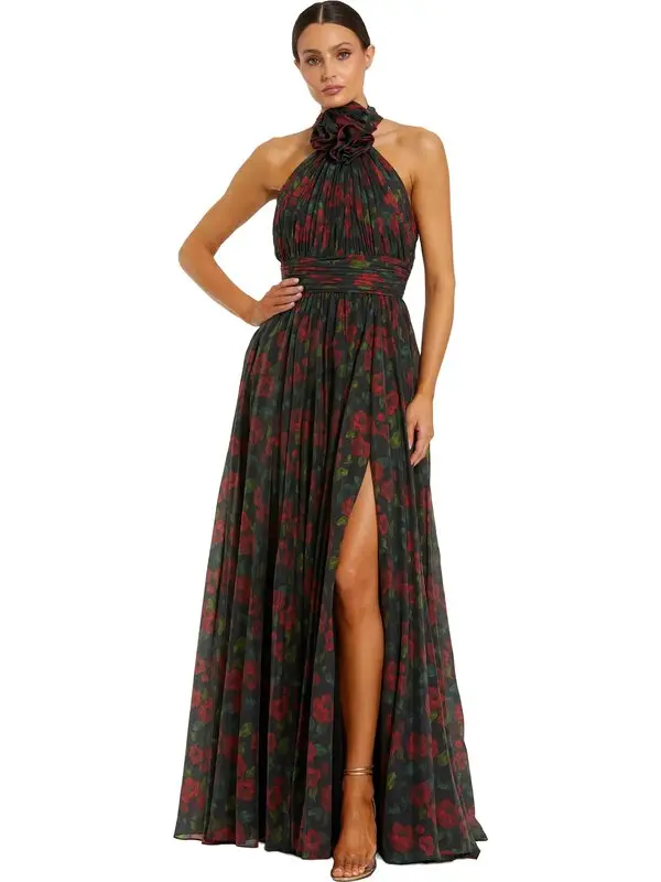 Mac Duggal Floral Print Halter Neck Gown With Rosette - Black Multi