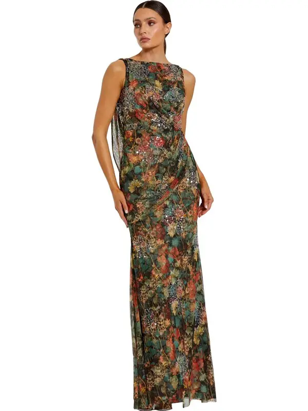 Mac Duggal Floral Embellished Column Gown - Charcoal Multi