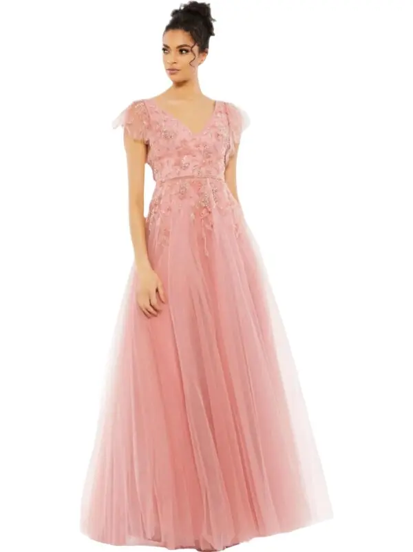 Mac Duggal Embellished Cap Sleeve V-neck Gown - Salmon