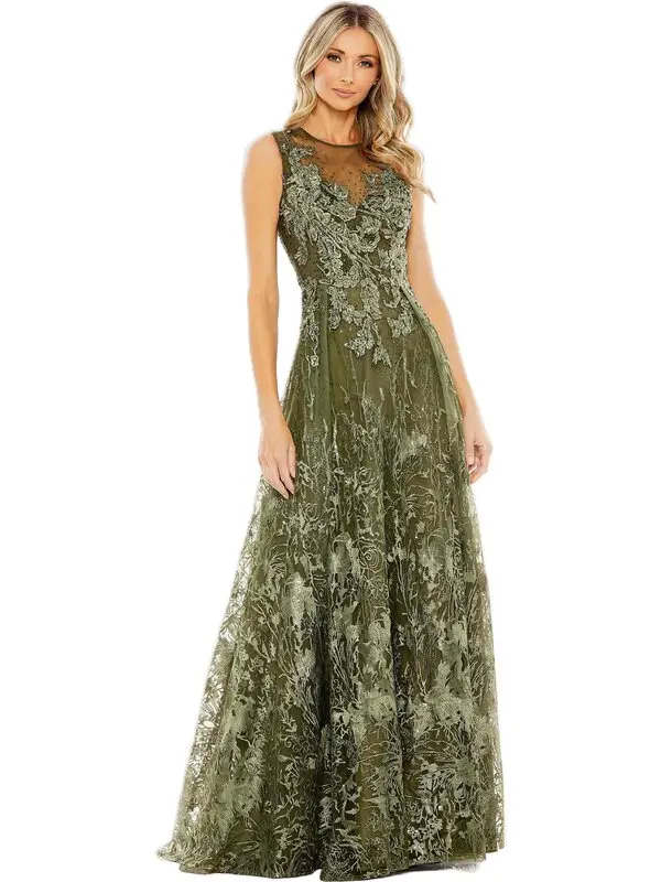 Mac Duggal Embellished Embroidered Sleeveless A-line Gown - Olive