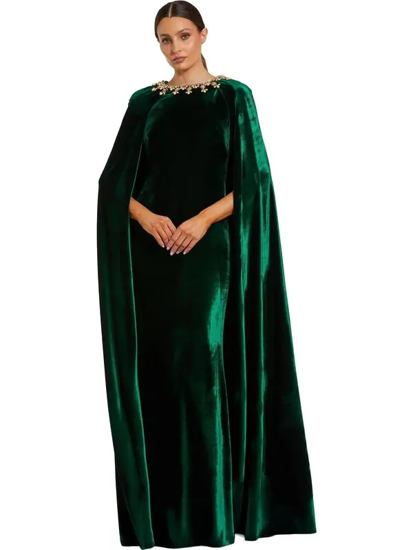 Mac Duggal Embellished Neckline Velvet Cape Gown - Deep Green