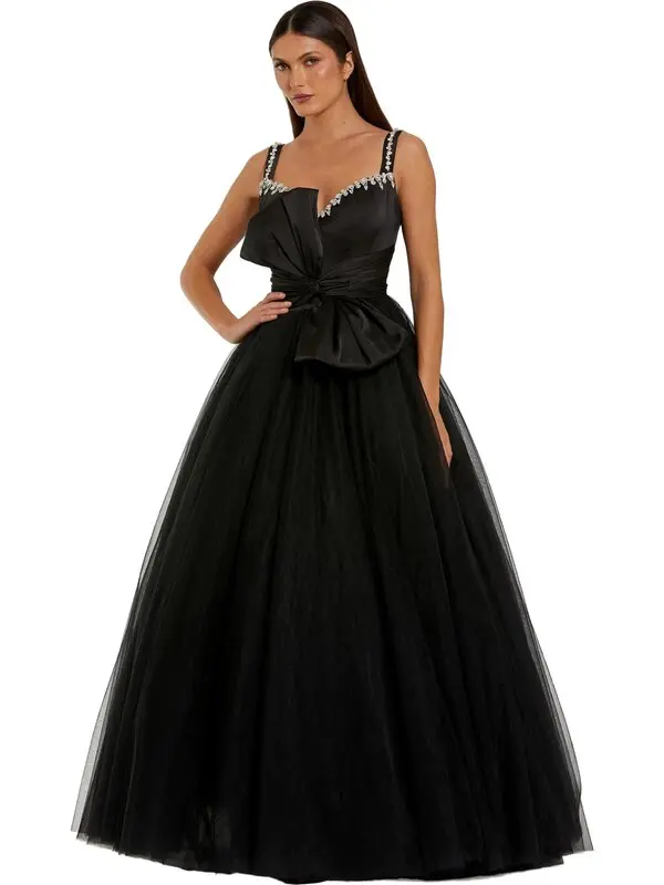 Mac Duggal Sleeveless Sweetheart Neck Tulle Ball Gown With Bow - Black