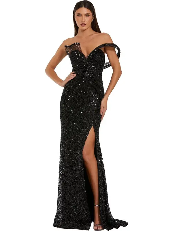 Mac Duggal Embellished Strapless Gown With Beaded Drape - Black