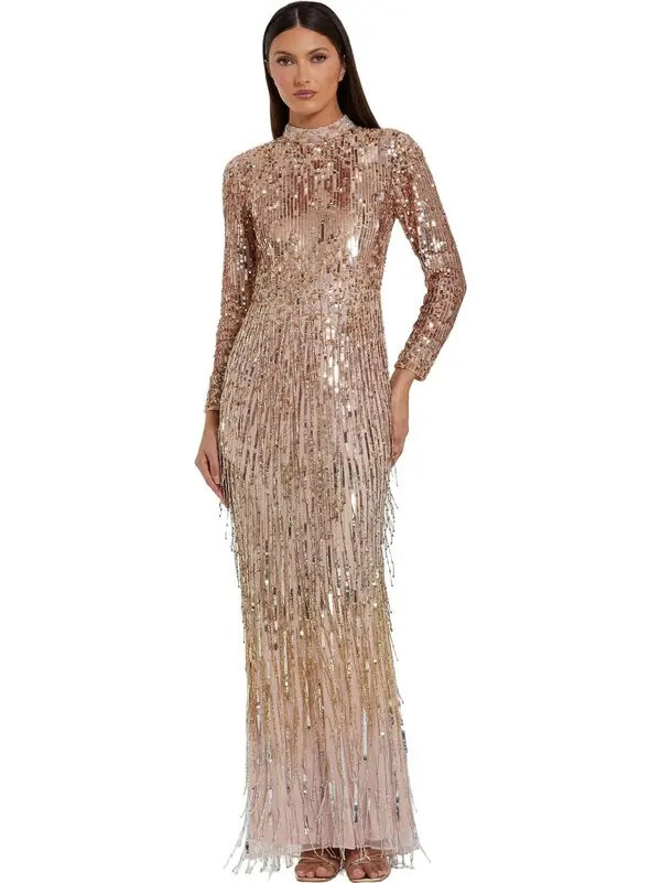 Mac Duggal Fringe Embellished Column Gown - Gold Silver Ombre